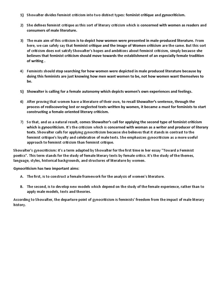 Showalter's Distinction Between Feminist Critique and Gynocriticism ...
