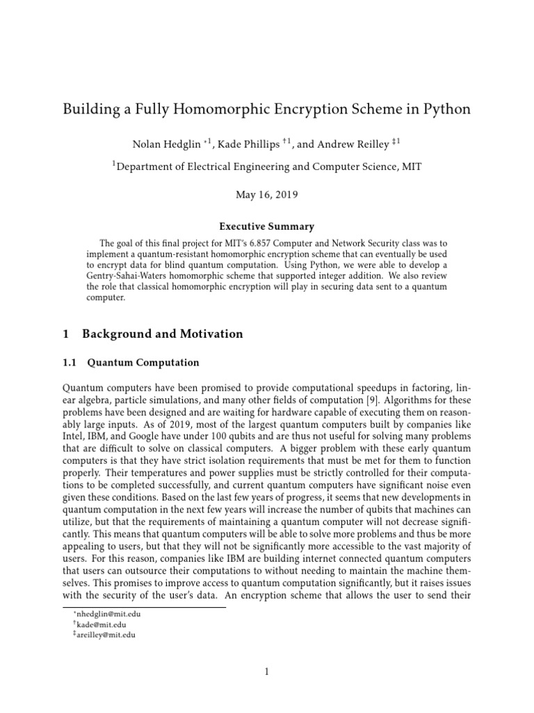 Building A Fully Homomorphic Encryption Scheme in Python | PDF | Quantum Computing | Cryptography