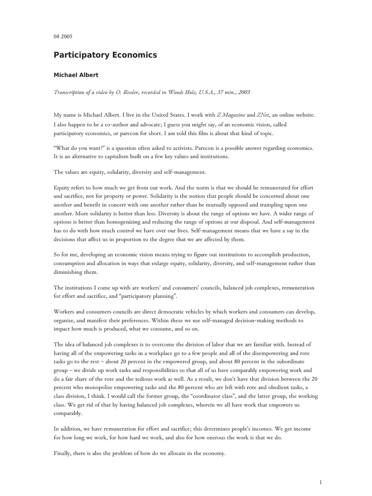 Participatory Economics: Michael Albert | PDF | Economic Planning ...