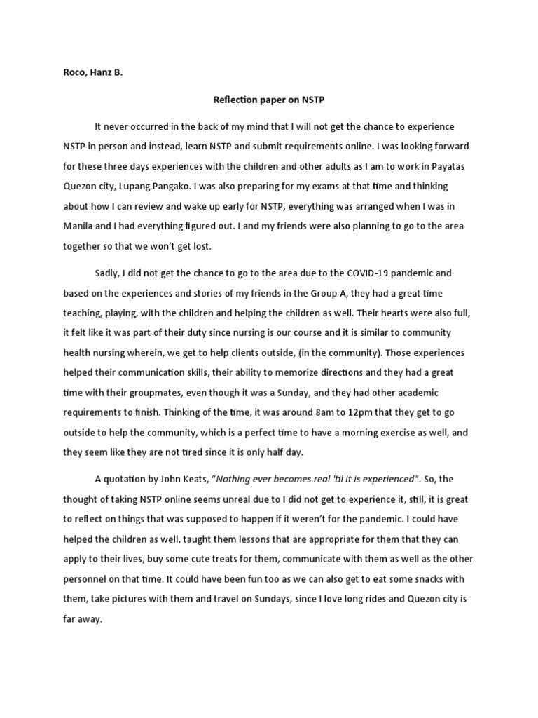 Roco, Hanz B. Reflection Paper On NSTP | PDF | Wellness | Medical