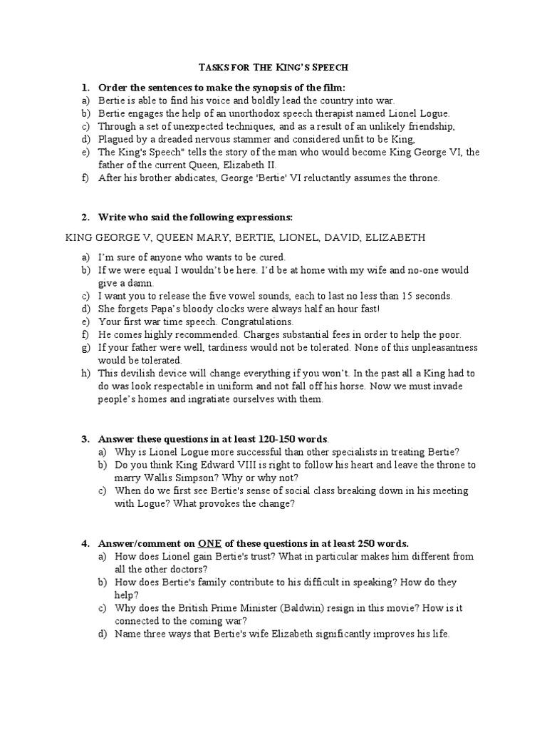 Tasks for "The King's Speech" Analysis | PDF | Sports & Recreation ...