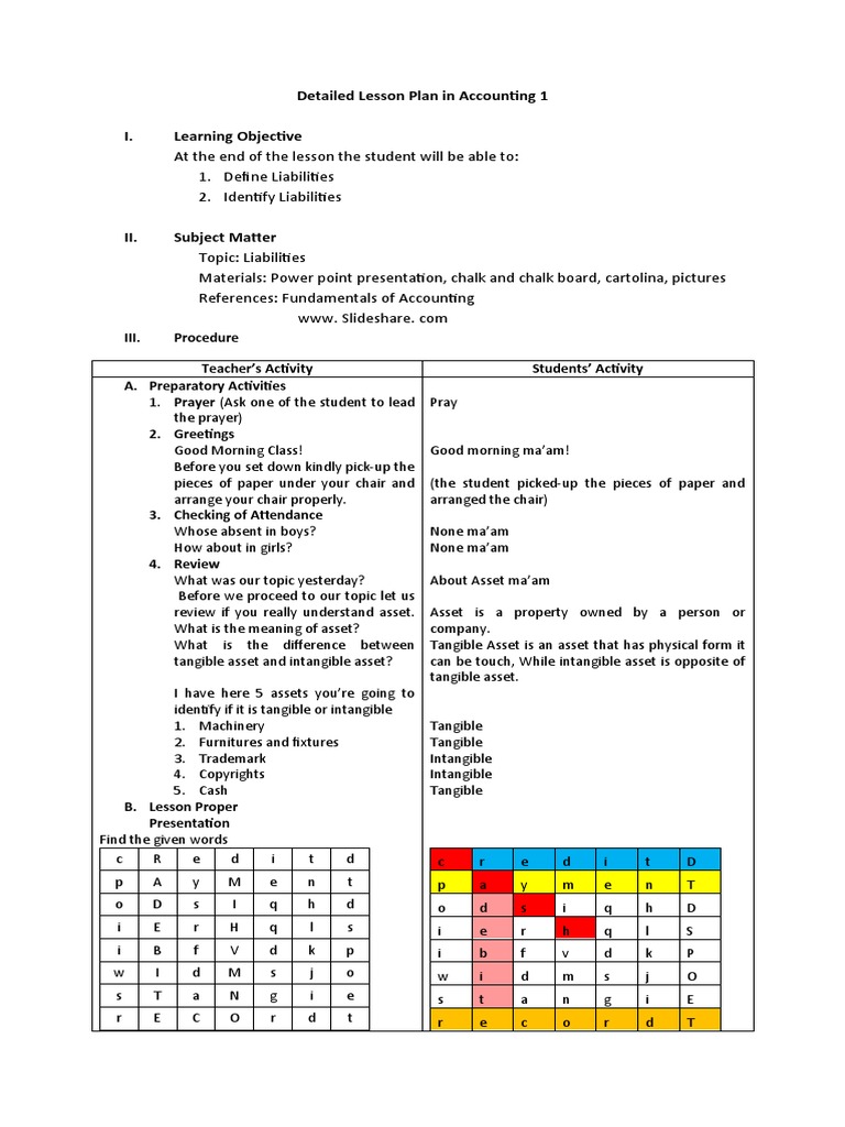 Detailed Lesson Plan in Accounting 1 | PDF | Liability (Financial ...
