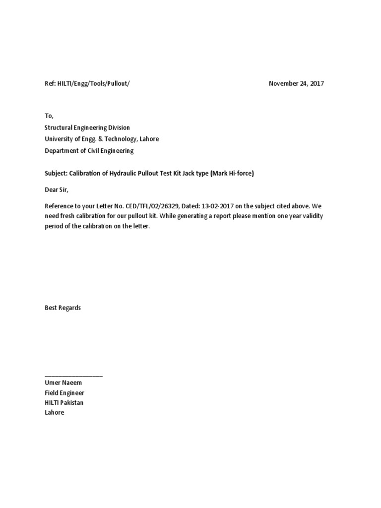 Subject: Calibration of Hydraulic Pullout Test Kit Jack Type (Mark Hi ...
