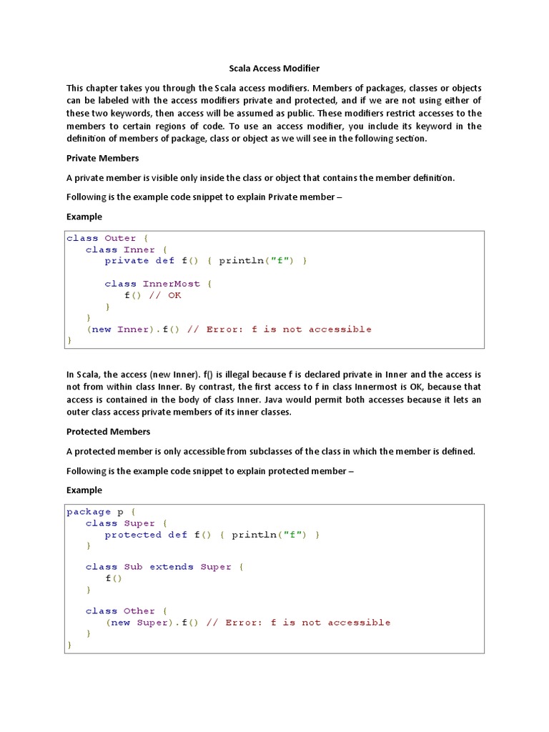 Scala Access Modifier | PDF | Scala (Programming Language) | Class (Computer Programming)