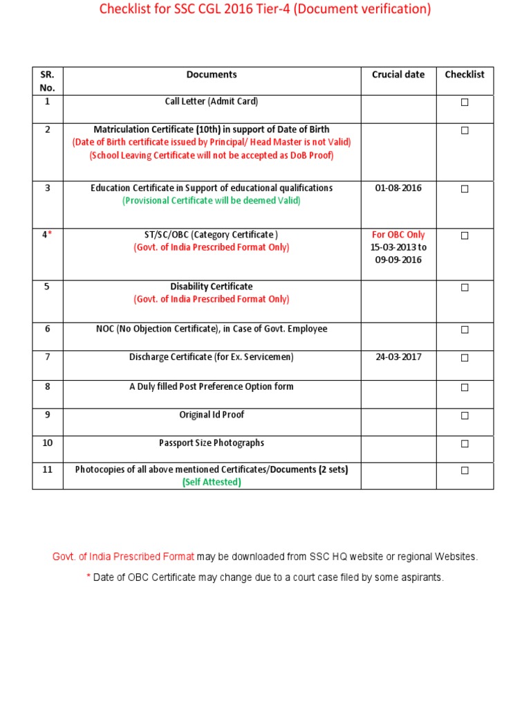 Checklist For SSC CGL 2016 Tier 4 (Document Verification) : SR. No ...