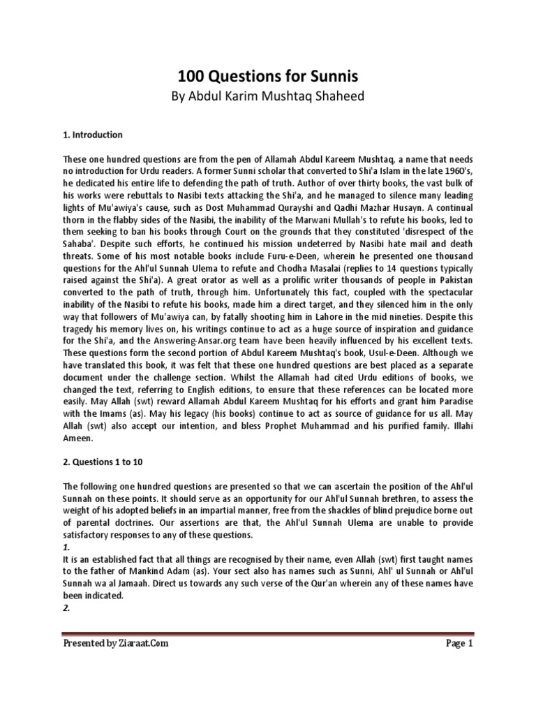 100 Questions For Sunnis: by Abdul Karim Mushtaq Shaheed | PDF | Hadith | Shia Islam