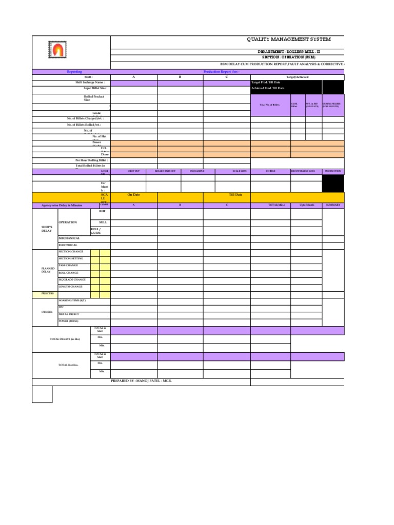 Reporting Date:-Production Report For:-: Quality Management System ...