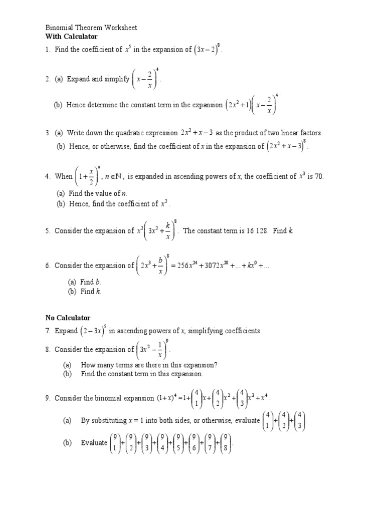 Binomial Theorem Worksheet Longer 2016 17 1 PDF | PDF | Teaching ...