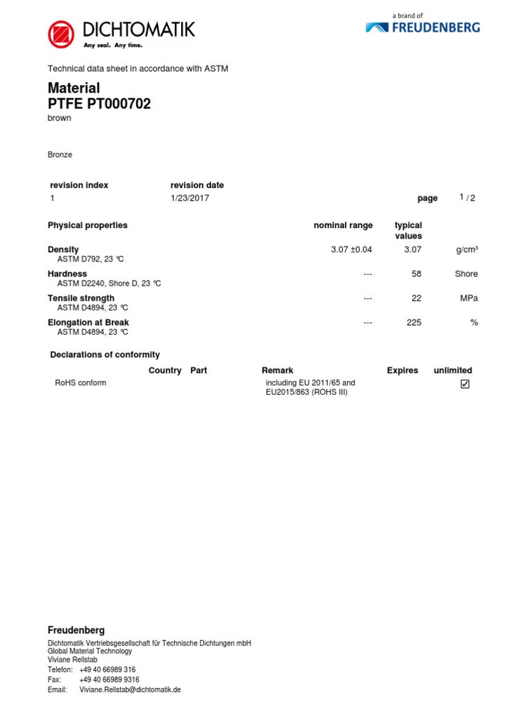 Material PTFE PT000702: Technical Data Sheet in Accordance With ASTM ...