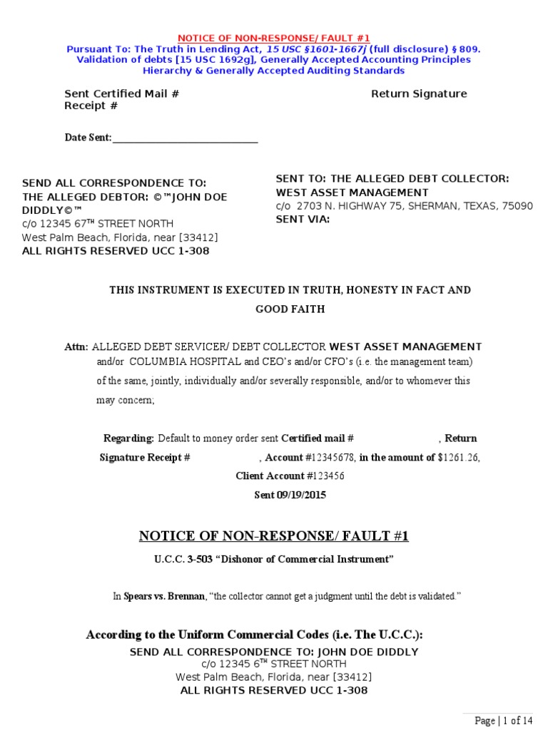 (Template) NEW Notice of Non Response and Fault One | PDF | Irs Tax ...