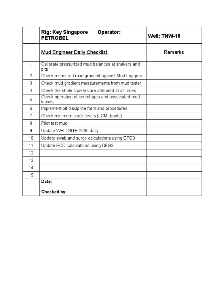Daily Mud Engineer Checklist for TNW-10 | PDF