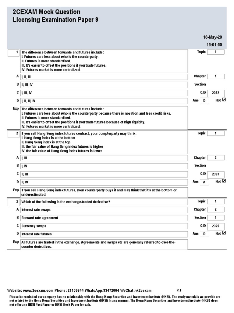 2CEXAM Mock Question Licensing Examination Paper 9 | PDF | Put Option ...