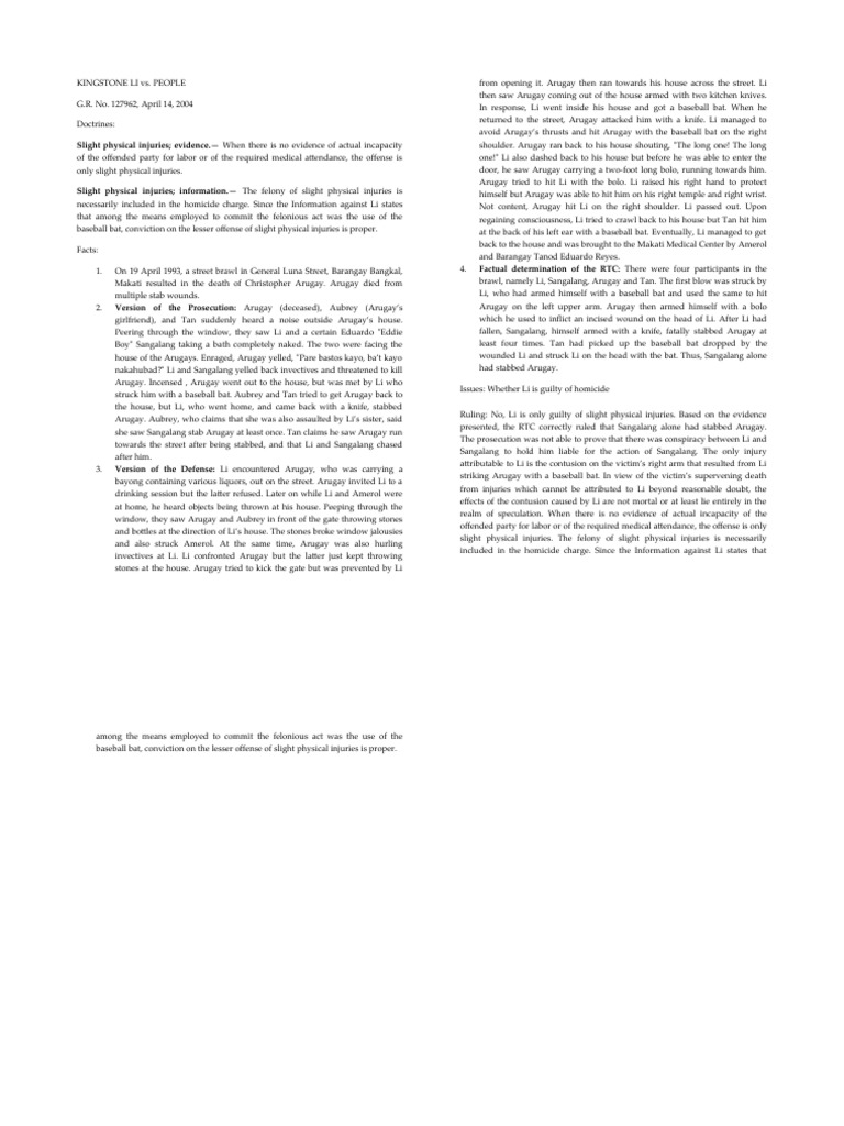 SLIGHT PHYSICAL INJURIES - LI vs. PEOPLE | PDF | Crime & Violence ...