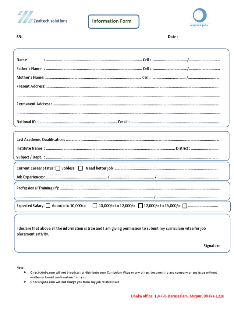 Personal and Employment Information Form: A Template for Job Seekers to ...
