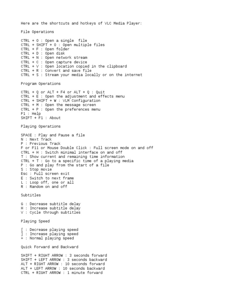 VLC Media Player Shortcuts | PDF | Keyboard Shortcut | Media Technology