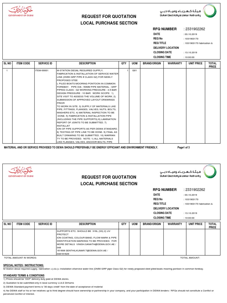 Request For Quotation Local Purchase Section: RFQ Number | PDF | Pipe ...