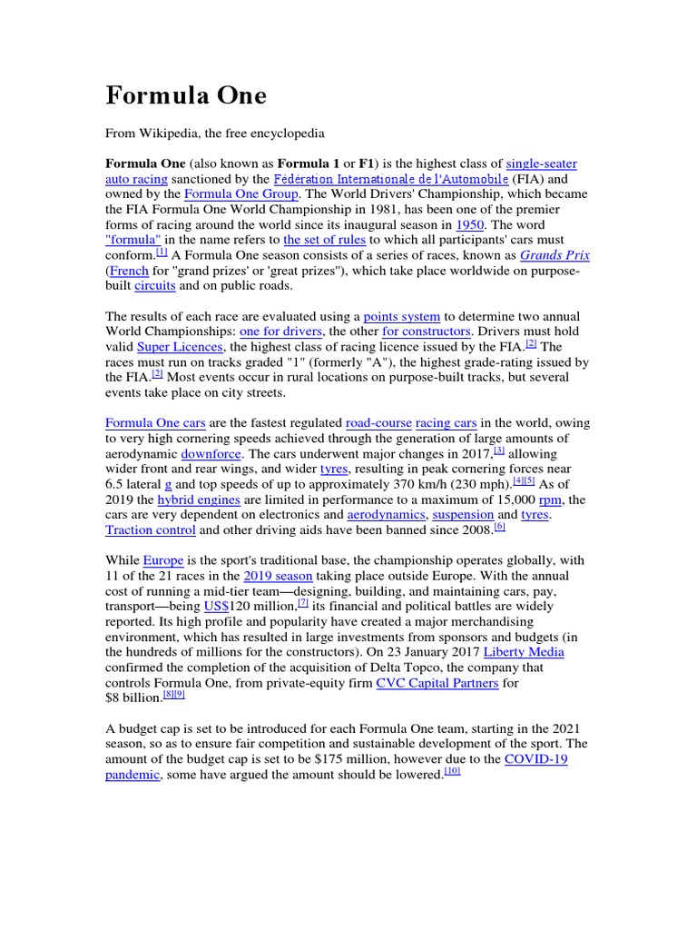 Formula One: Formula One (Also Known As Formula 1 or F1) Is The Highest ...