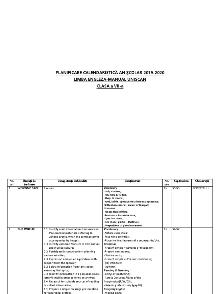 Planificare Calendaristica-Uniscan Cls VII | PDF | English Language | Vocabulary