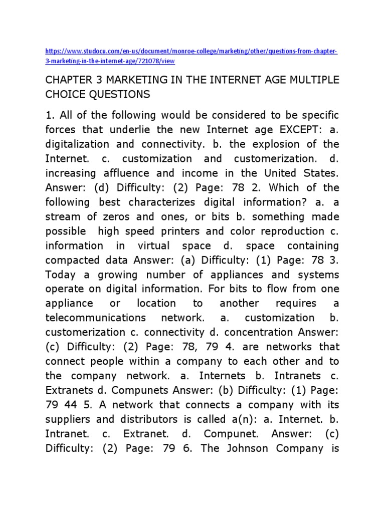 Chapter 3 Marketing in The Internet Age Multiple Choice Questions | PDF ...