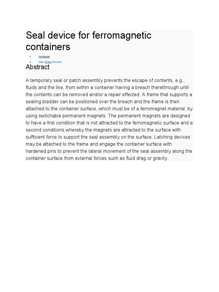 Seal Device For Ferromagnetic Containers | PDF