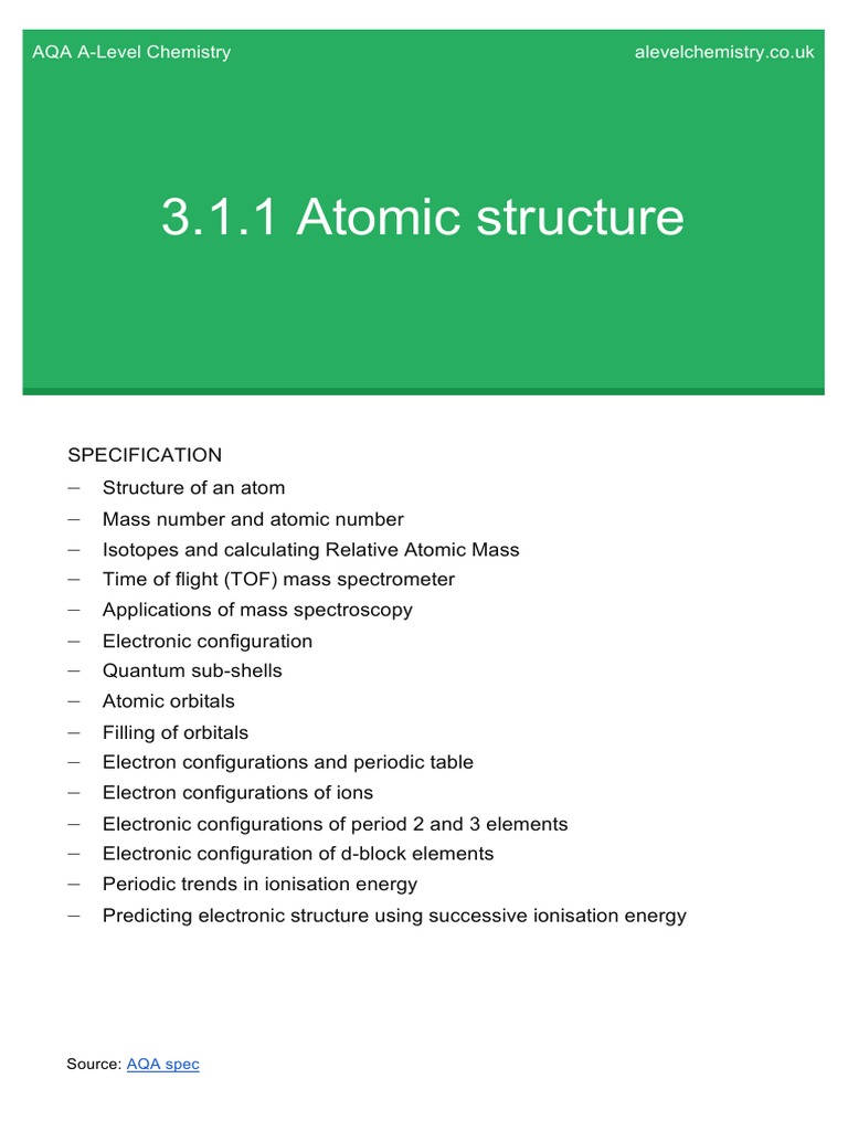 3.1.1 Atomic Structure: AQA A-Level Chemistry Alevelchemistry - Co.uk ...