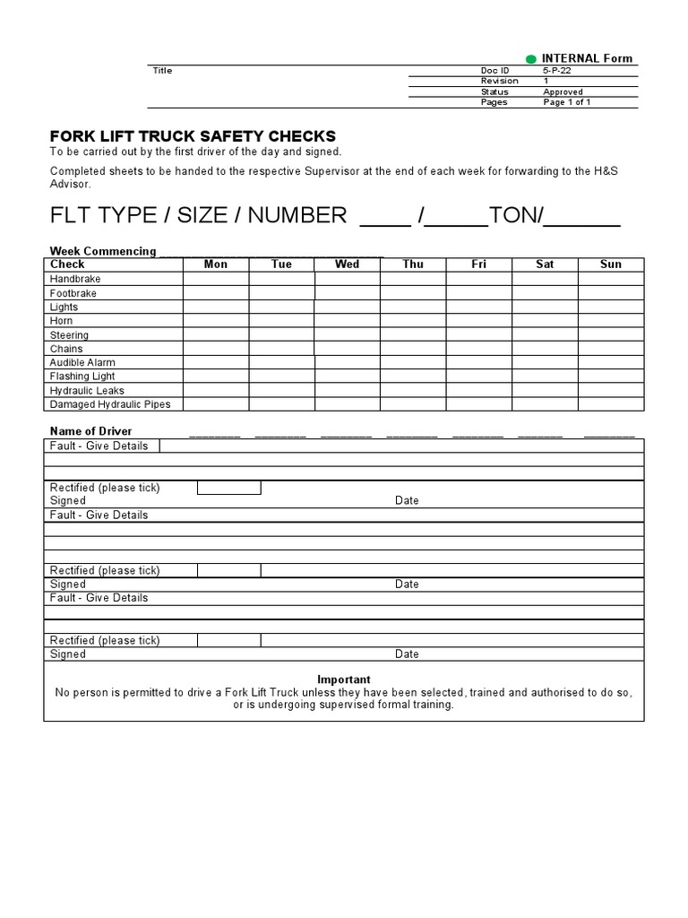 Forklift Truck Safety Checklist Form | PDF | Land Transport | Vehicles