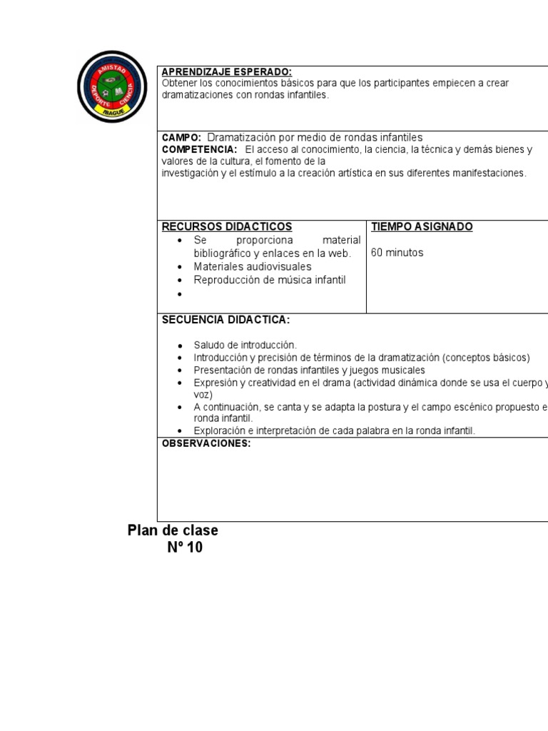 Plan de Clase Dramatizacion de Rondas Infatiles | PDF