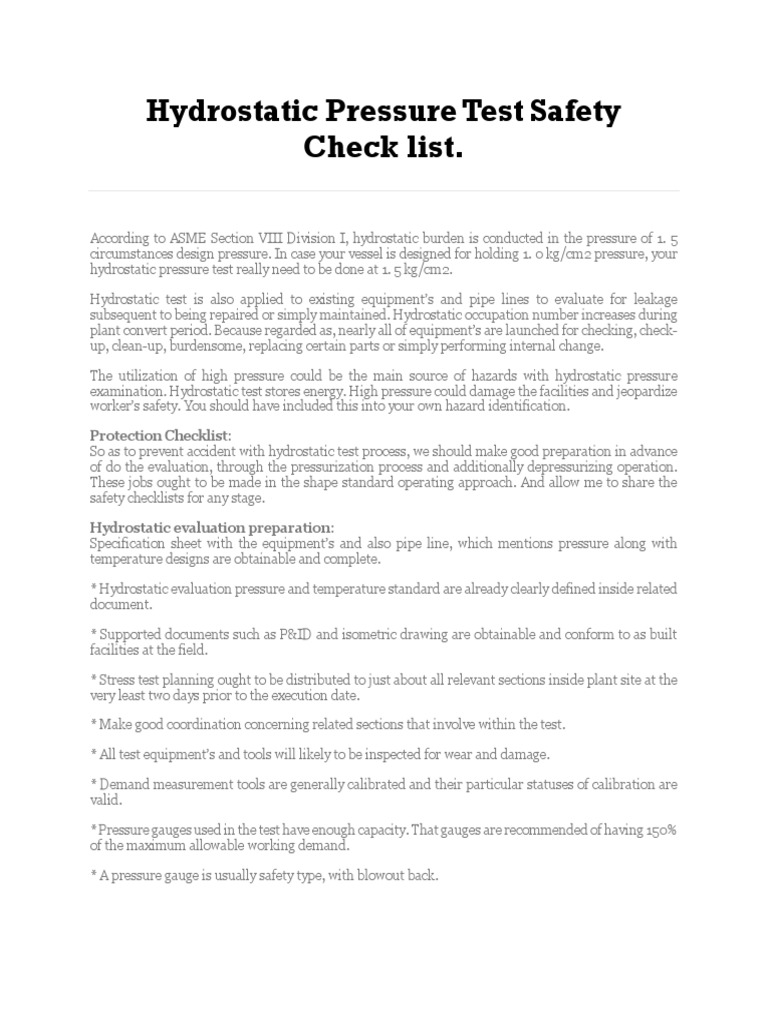 Hydrostatic Pressure Test Safety Checklist | PDF | Gas Technologies | Gases