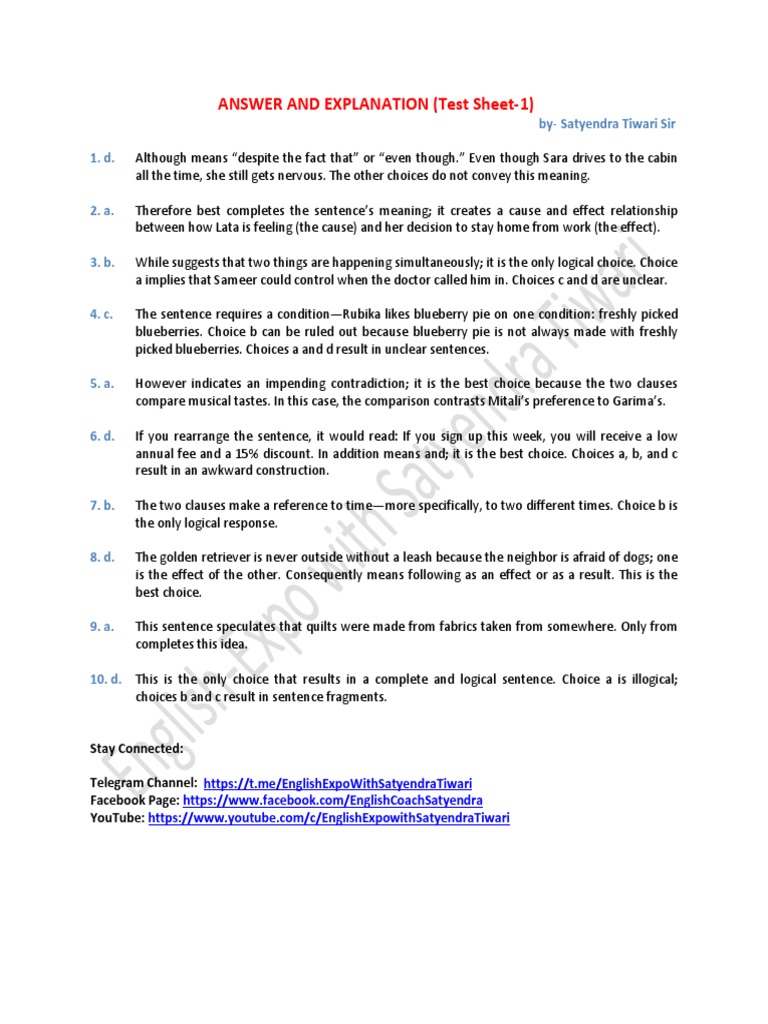 Answer and Explanation Test Sheet-1 | PDF | Language Arts & Discipline
