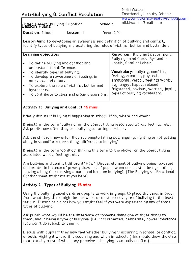Anti Bullying & Conflict - Lesson Plan 1 | PDF | Bullying | Cognitive ...