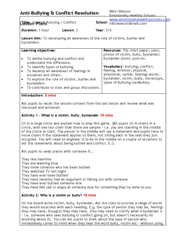 Anti Bullying & Conflict - Lesson Plan 2 | PDF | Bullying | Stereotypes
