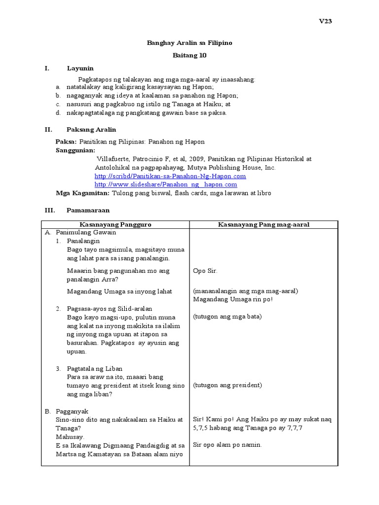 Banghay Aralin Sa Filipino Final | PDF