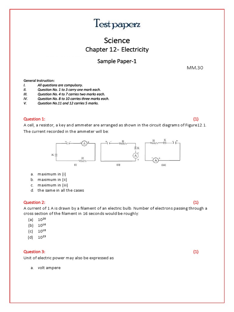 Electricity-Sample Paper 1 | PDF | Incandescent Light Bulb | Electrical ...