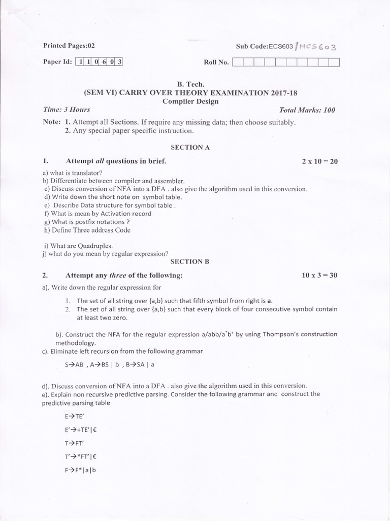 Compiler Design NCS-603 PDF | PDF | Parsing | Regular Expression