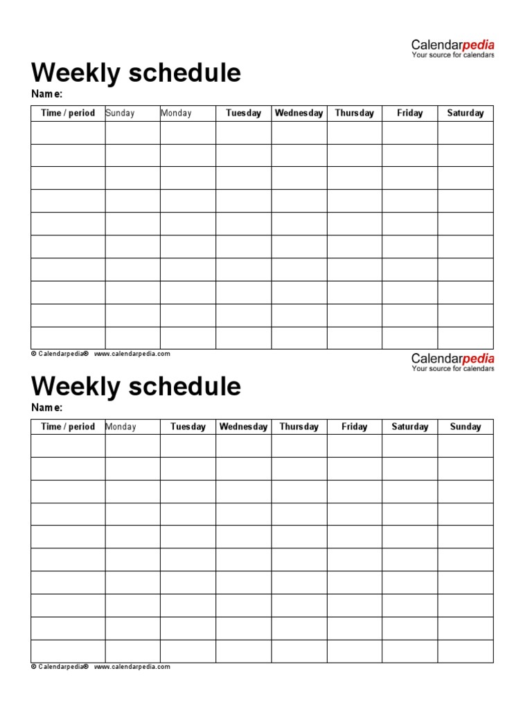Weekly Schedule Sunday To Saturday 2 On 1 Page | PDF