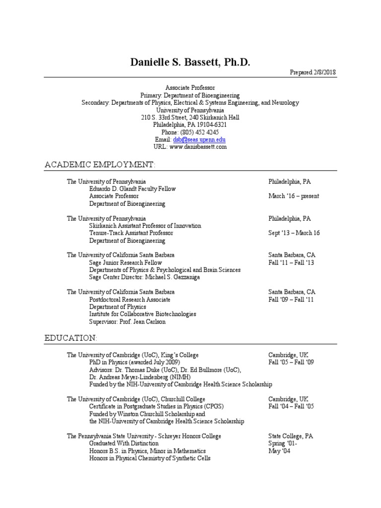 Prof Bassett CV 2018 | PDF | Neuroscience | Brain