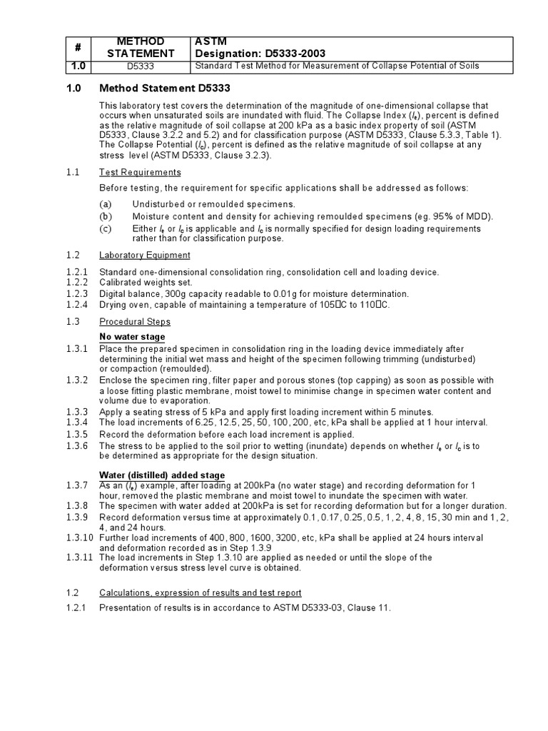 ASTM D5333 Soil Collapse Testing Method | PDF | Deformation ...