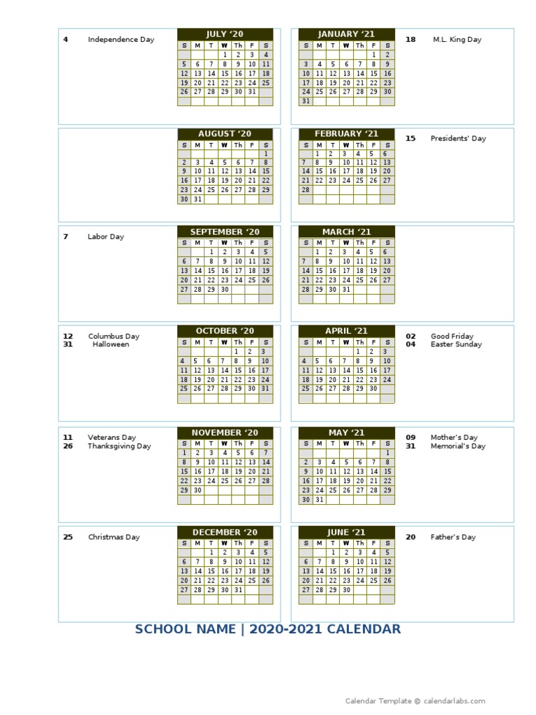 School Name - 2020-2021 Calendar: Independence Day | PDF | Traditions ...