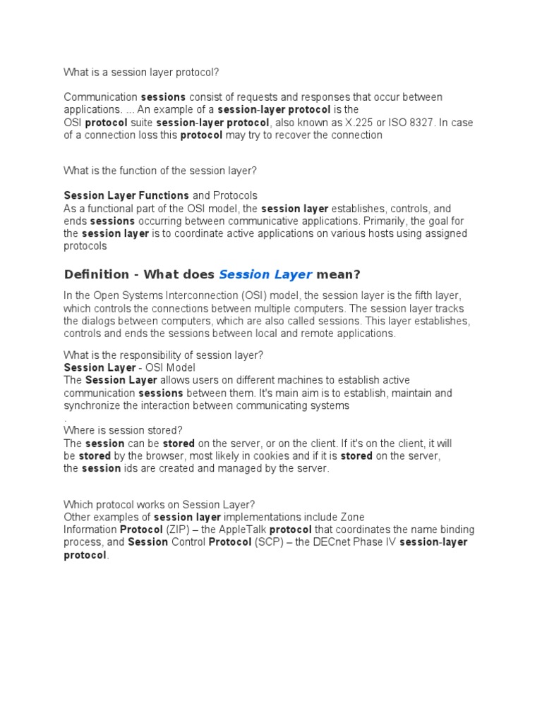 Definition - What Does Mean?: Session Layer Functions and Protocols | PDF