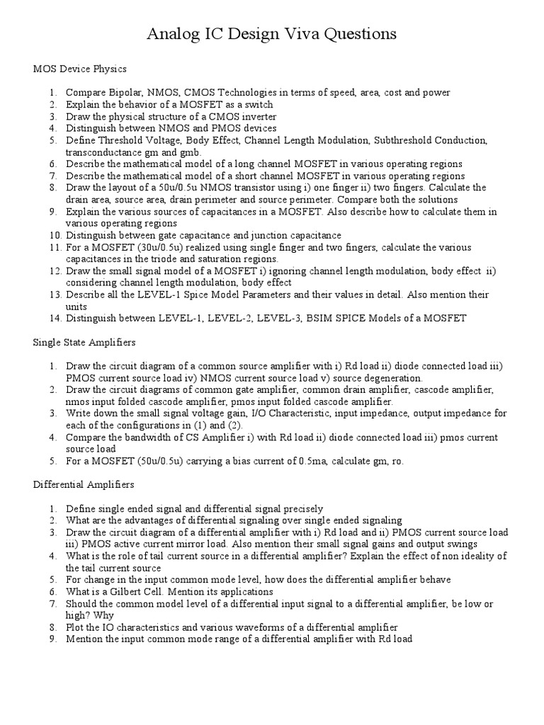 Analog IC Design Viva Questions Guide | PDF | Mosfet | Amplifier