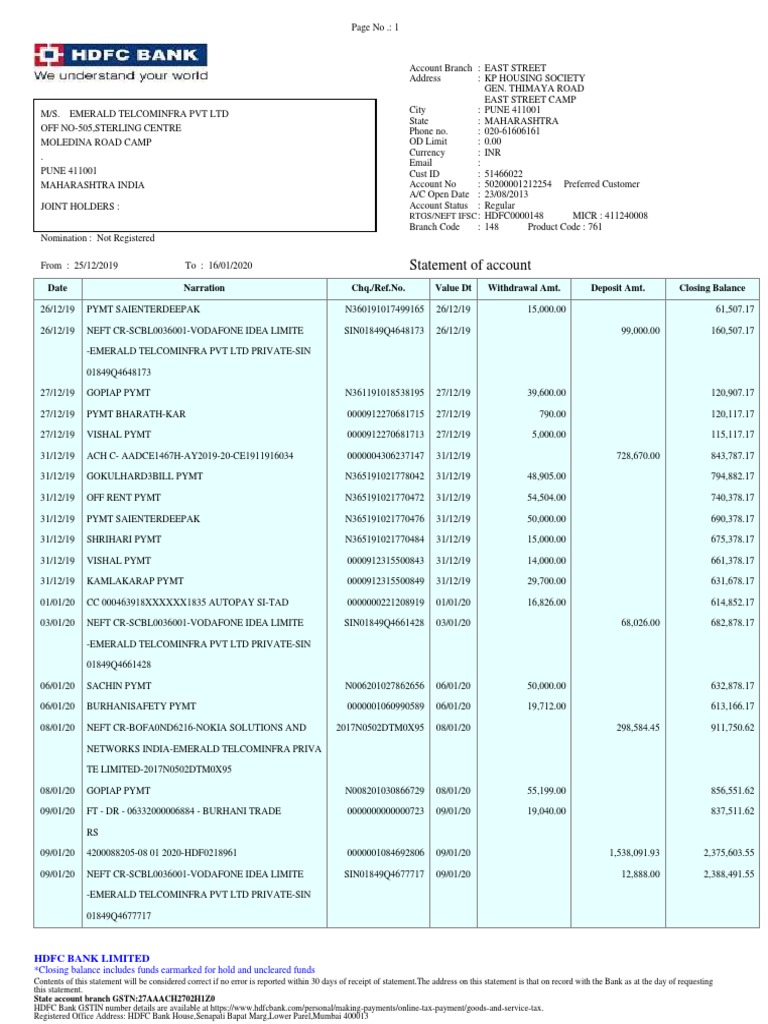 Statement of Account: Date Narration Chq./Ref - No. Value DT Withdrawal ...