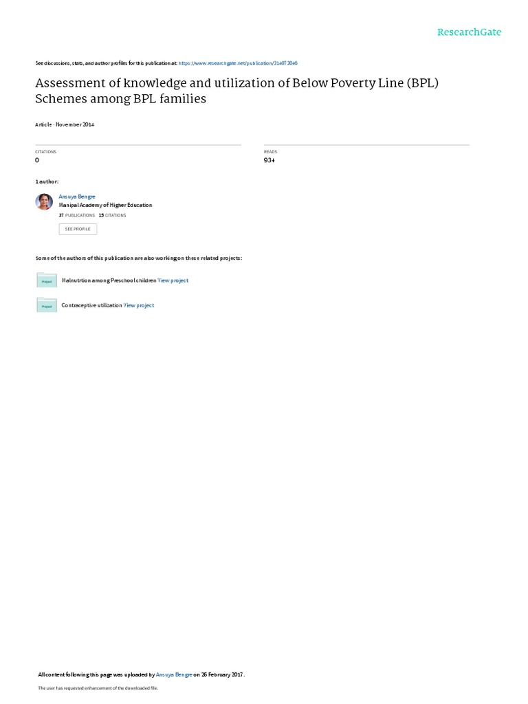 Assessment of Knowledge and Utilization of Below Poverty Line (BPL ...