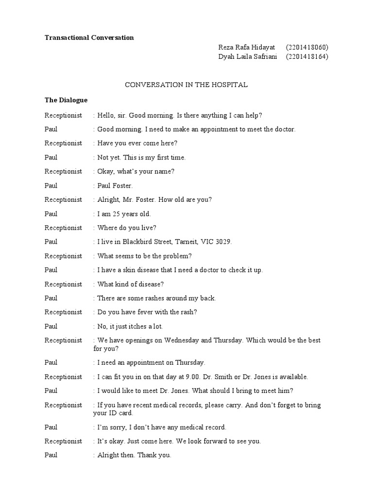 Hospital Appointment Dialogue | PDF | Medical Record | Health Sciences