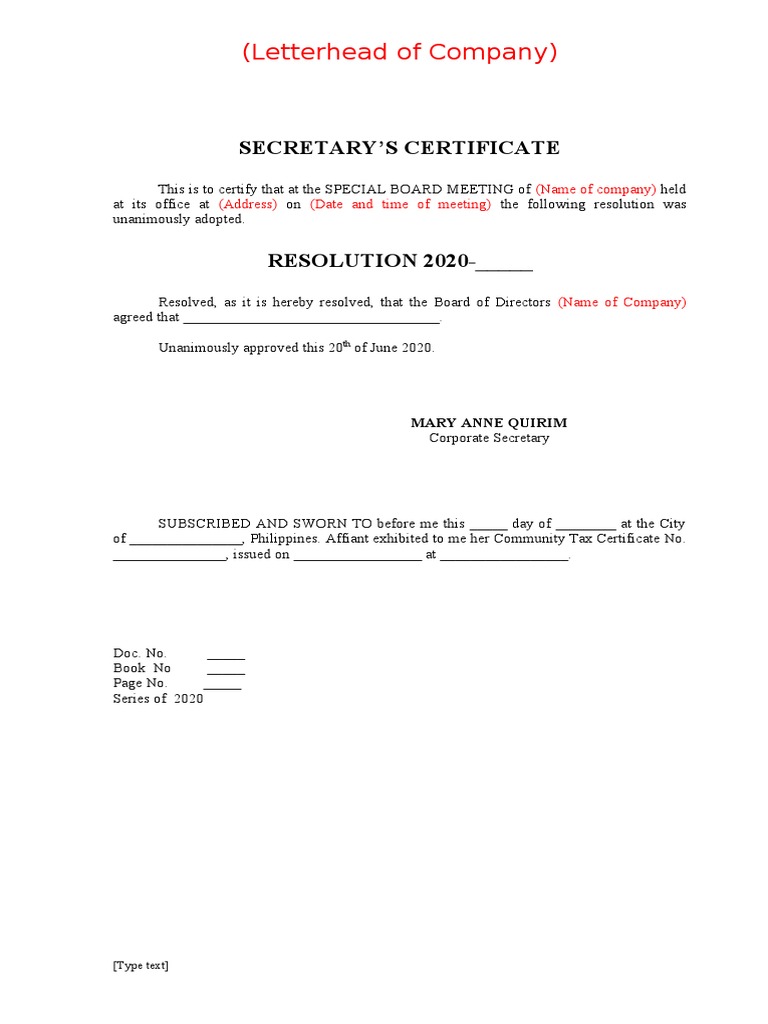 Secretary's Certificate Resolution 2020 | PDF