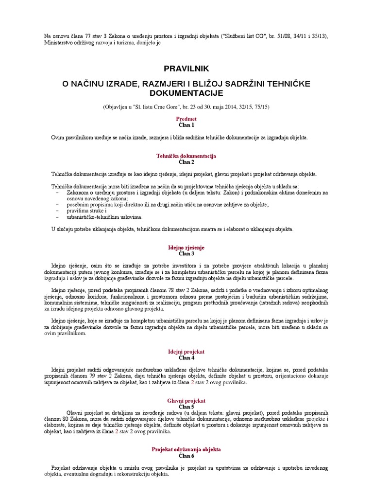Pravilnik o Nacinu Izrade Razmjeri I Blizoj Sadrzini Tehnicke Dokumentacije | PDF
