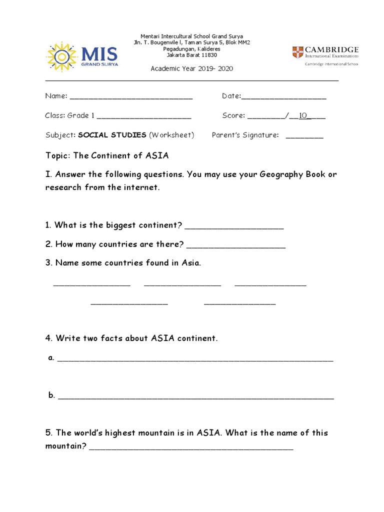 Asia Continent Worksheet for Grade 1 | PDF | Career & Growth | Social ...
