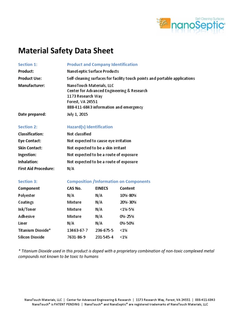 Material Safety Data Sheet: Section 1: Product and Company Identification | PDF | Occupational ...