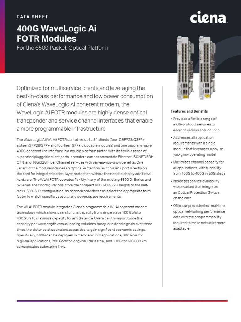 Ciena 400G - WaveLogic - Ai - FOTR - Modules - DS PDF | PDF | Computer Network ...