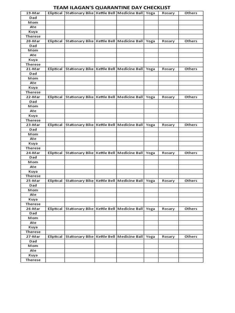 Team Ilagan's Daily Home Exercise and Activity Log During Quarantine | PDF