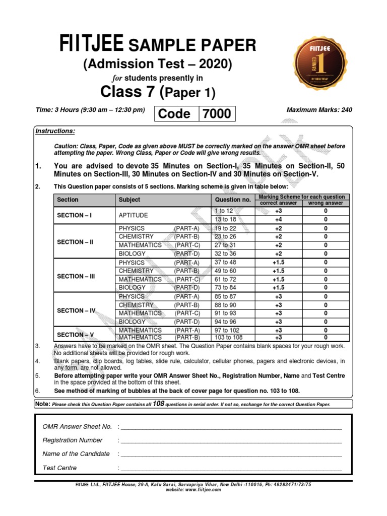 FIITJEE Class 7 Admission Test Paper | PDF | Leaf | Fruit
